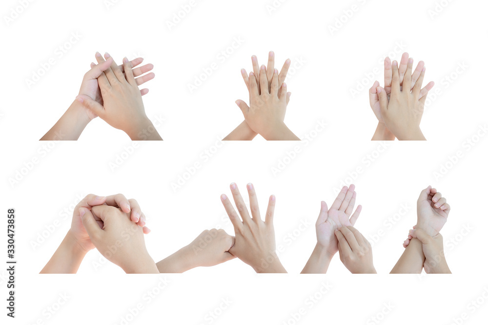 Hand washing medical procedure step by step. Isolated on white ...