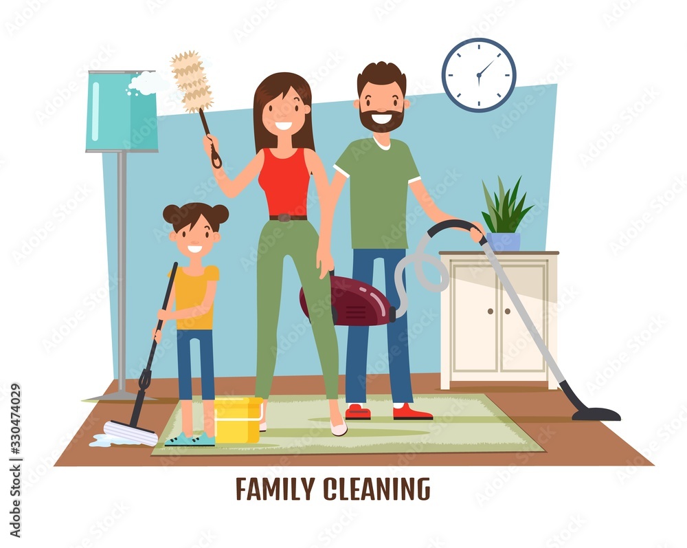 Family Cleaning Flat Cartoon Banner Vector Illustration. Parents and ...