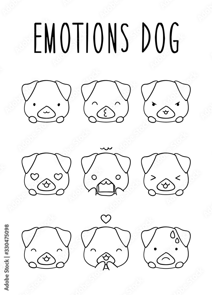 Coloring pages, black and white cute hand drawn emotion dog doodles ...