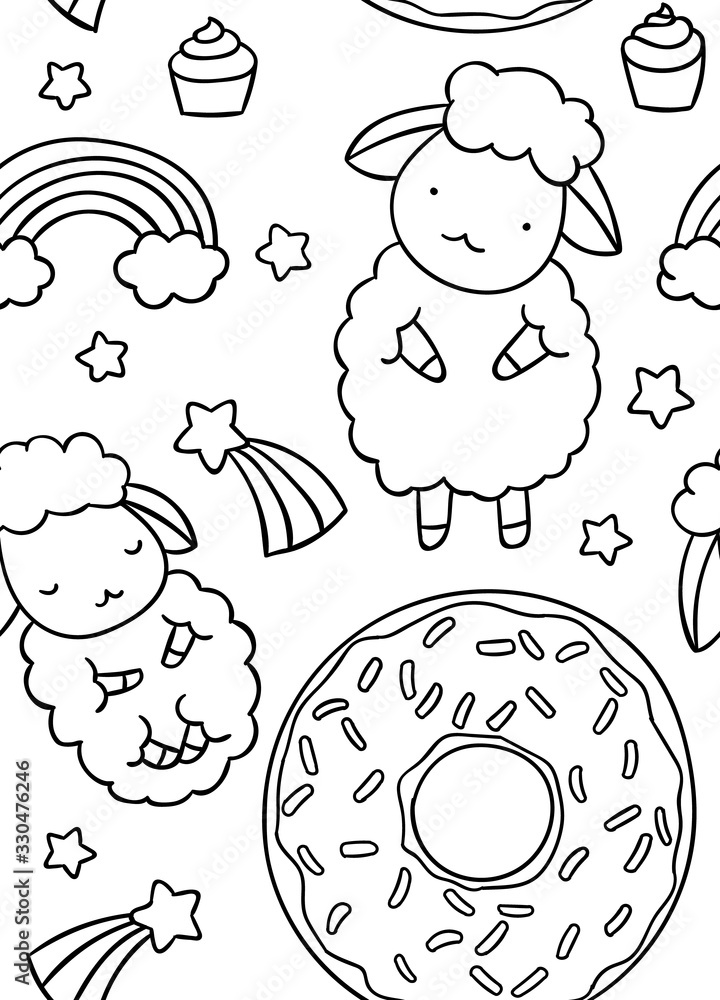 seamless pattern, black and white cute hand drawn sheep and star and ...