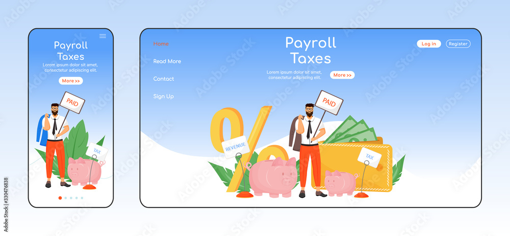 Payroll taxes adaptive landing page flat color vector template ...