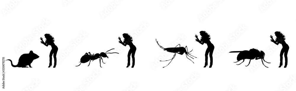 Vector silhouette of set of woman who cry at insect on white background ...