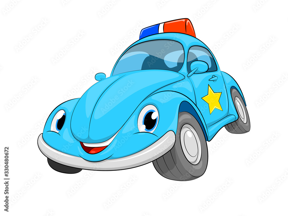 Funny cartoon police car. A blue car on a white background. Stock ...