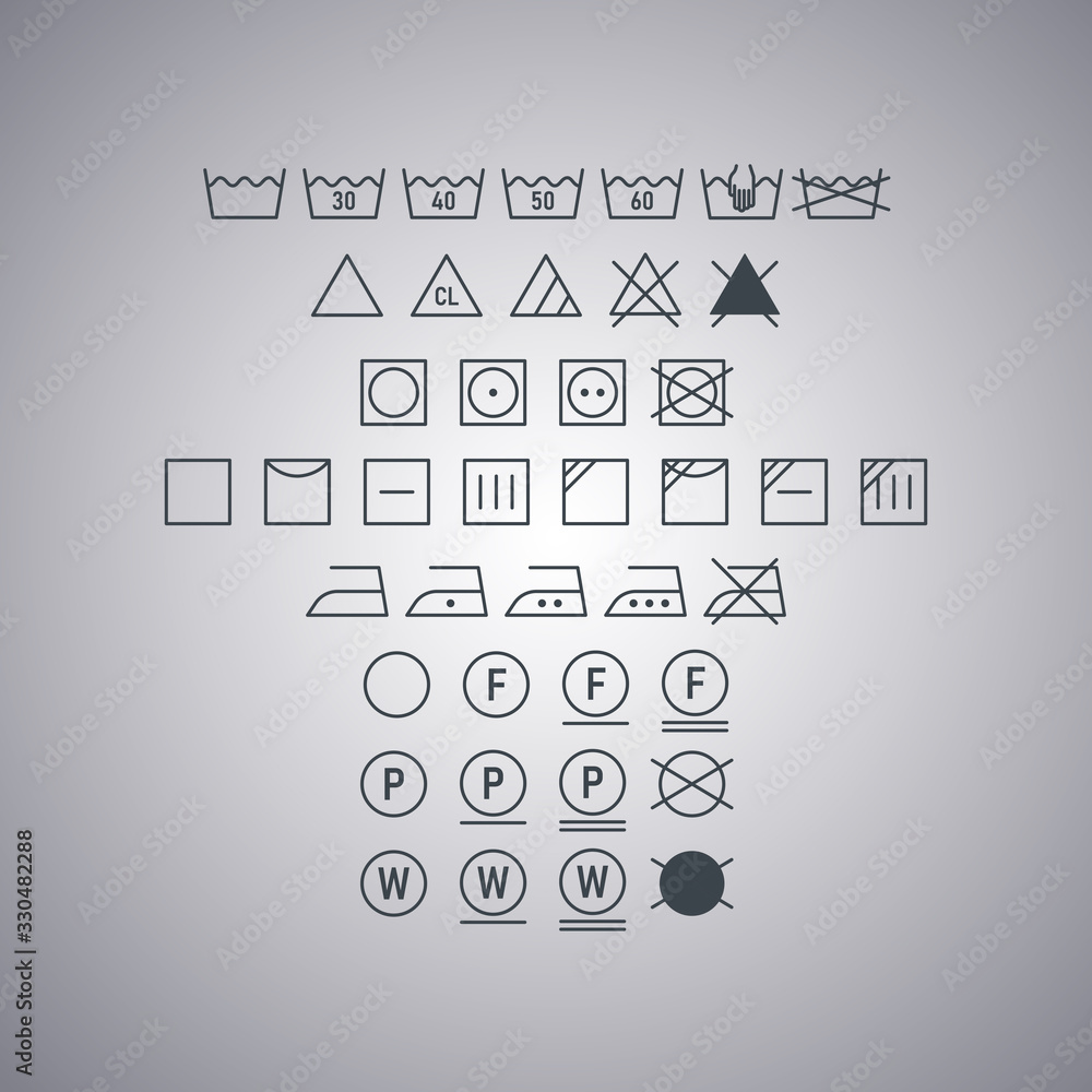 Textile laundry symbol set isolated on gray background. Rules for ...