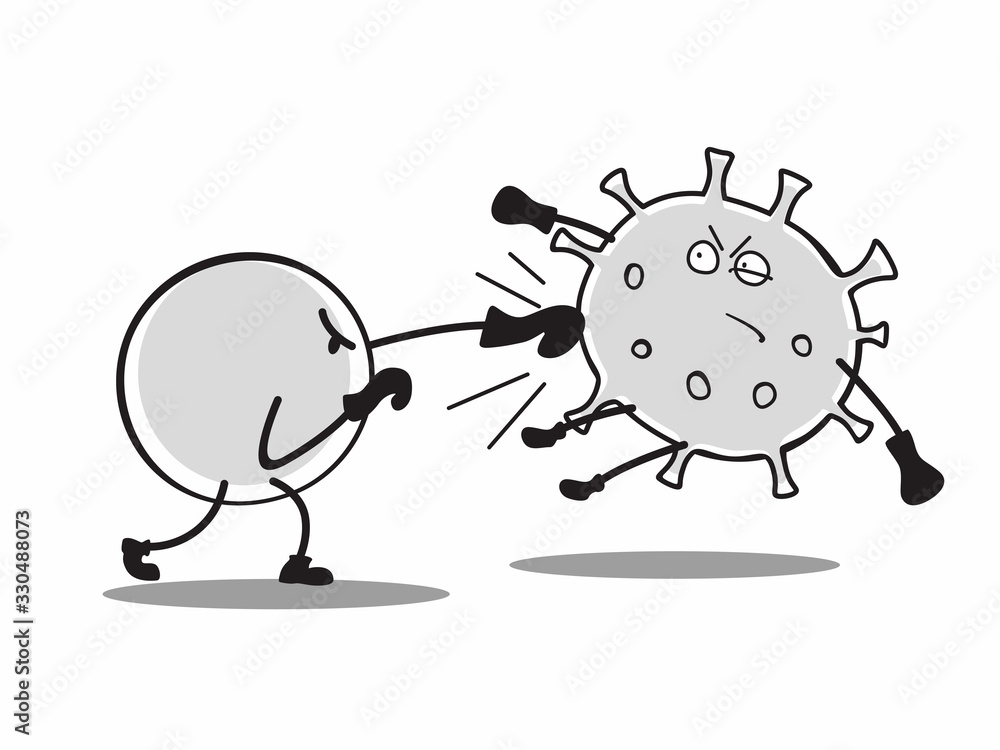 Caricature antibiotic beats the virus. Linear drawing of disgruntled ...
