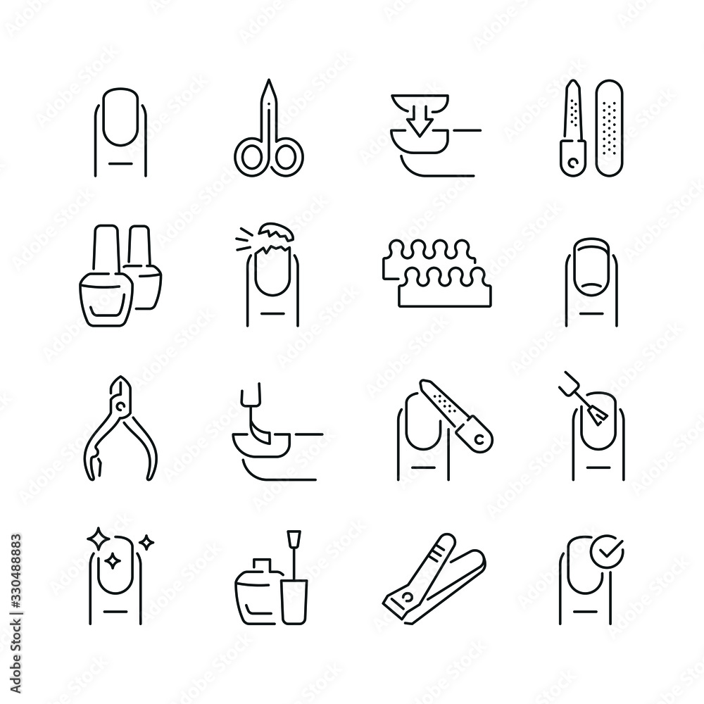 Nails related icons: thin vector icon set, black and white kit Stock ...