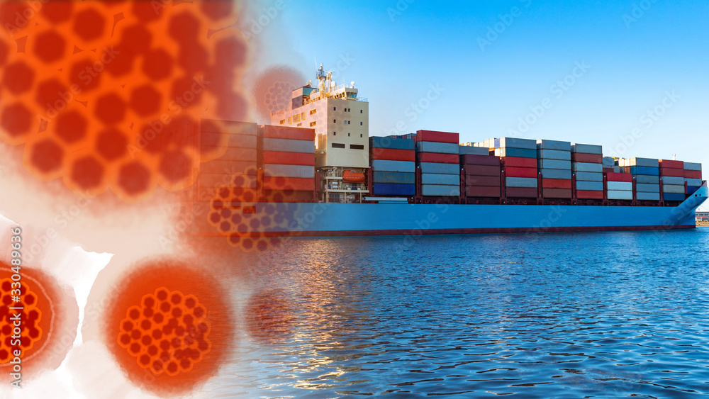 Virus molecules next to a cargo ferry. Cargo ships with lots of ...