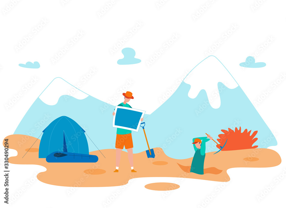 Treasures Hunting Cartoon Vector Illustration. Gold Hunter Digging, Man ...