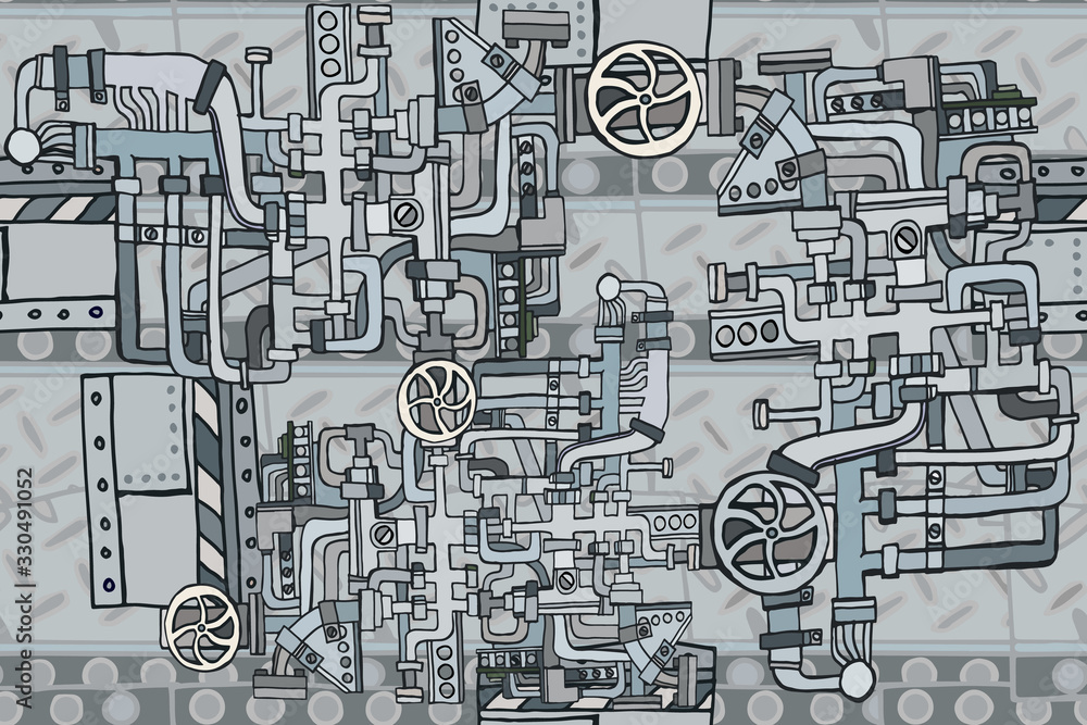 Abstract seamless industrial factory illustration with fictional pipes ...