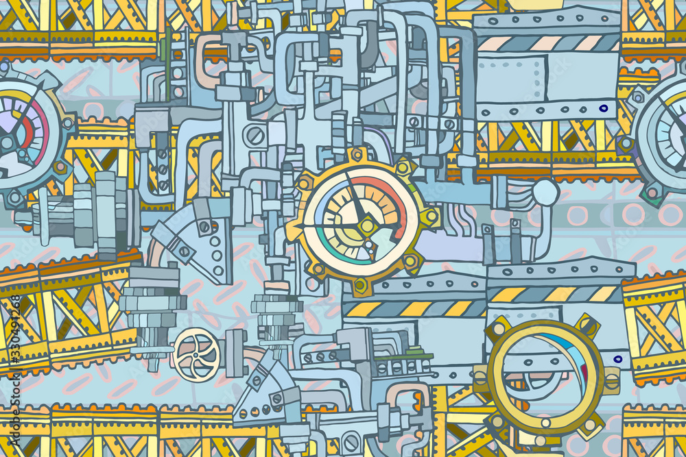 Abstract seamless industrial factory illustration with fictional pipes ...