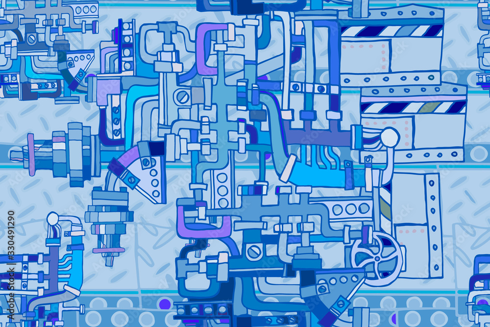 Abstract seamless industrial factory illustration with fictional pipes ...