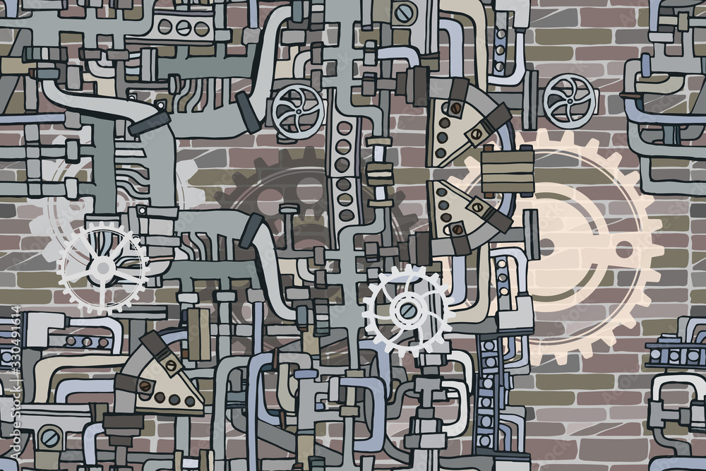 Abstract industrial illustration with fictional gearwheels and abstract ...