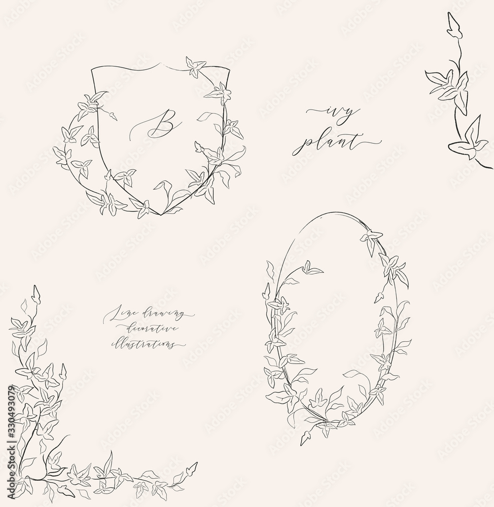 Collection line drawing ivy plant vector floral wreaths, oval frame ...