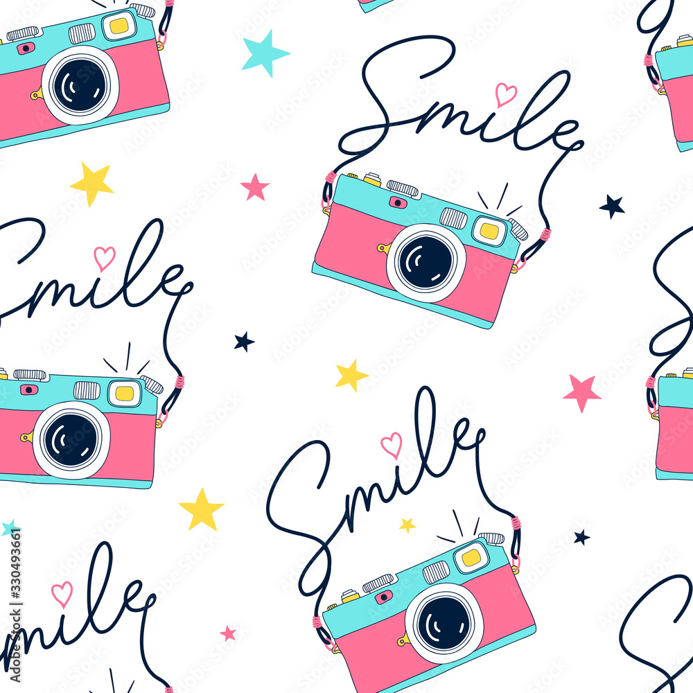 Hand drawing print design. Camera and slogan seamless pattern vector ...