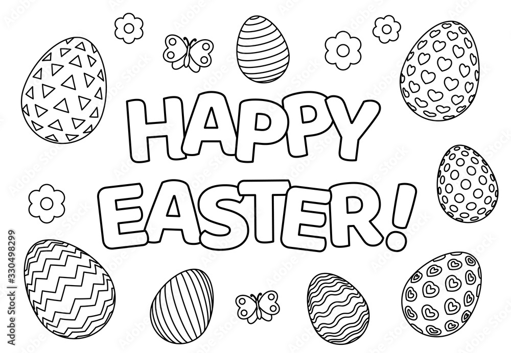 Happy Easter background with patterned eggs, flowers and butterfly for ...