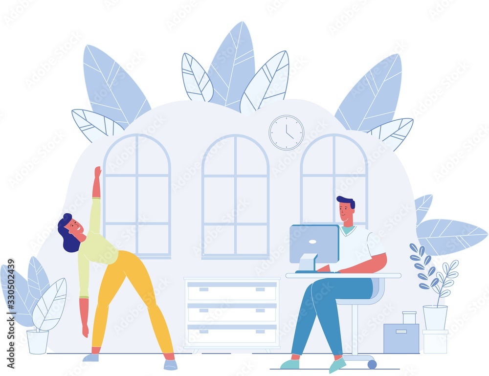 Cartoon Man Working at Computer and Woman Doing Exercise. Meditation ...