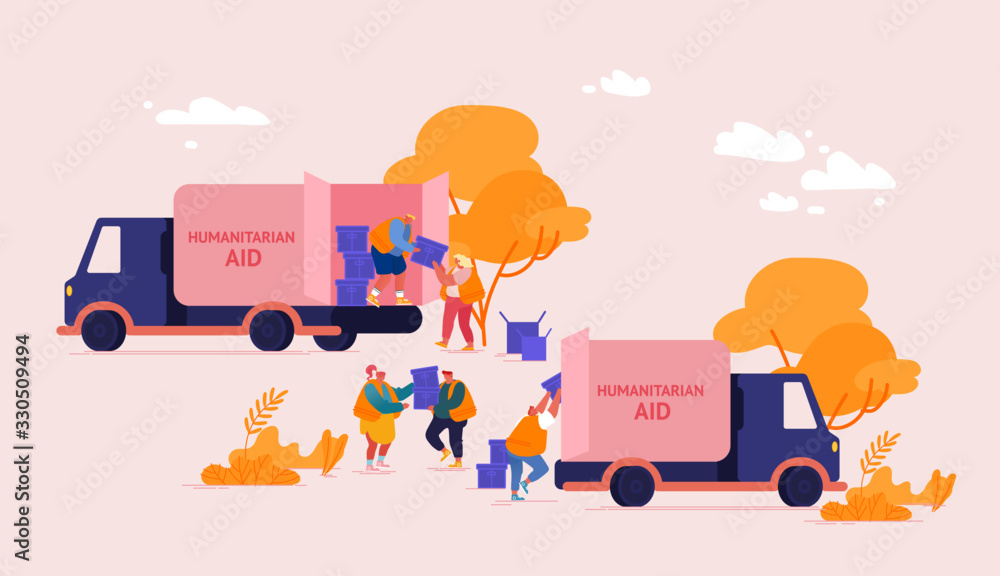 Team of Volunteers Characters in Humanitarian Aid Van Unloading Help ...