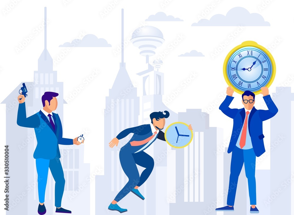 Cartoon Businessmen Characters with Starting Pistol, Clock, Stopwatch ...