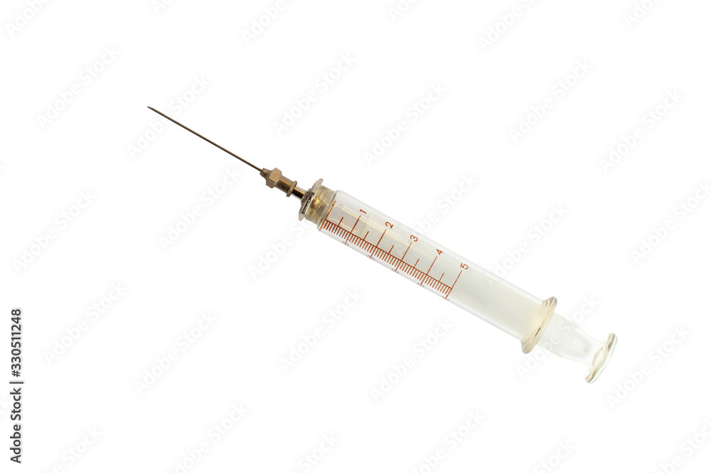 Reusable glass syringe for injection, white background, close-up, top ...