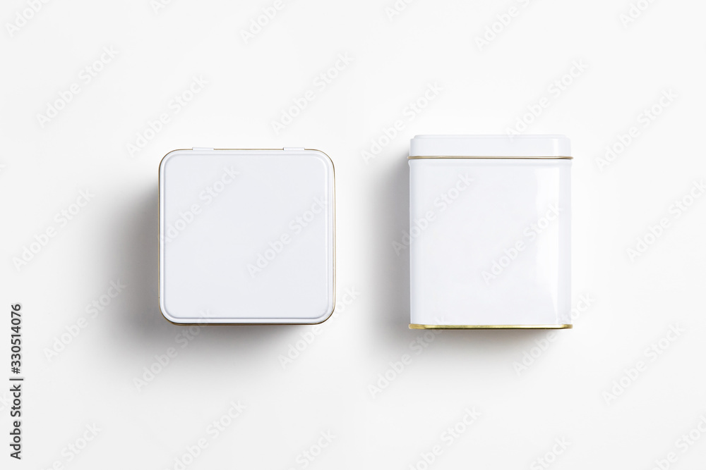 White square Tin Packaging Mock up on white background. Tea, coffee ...