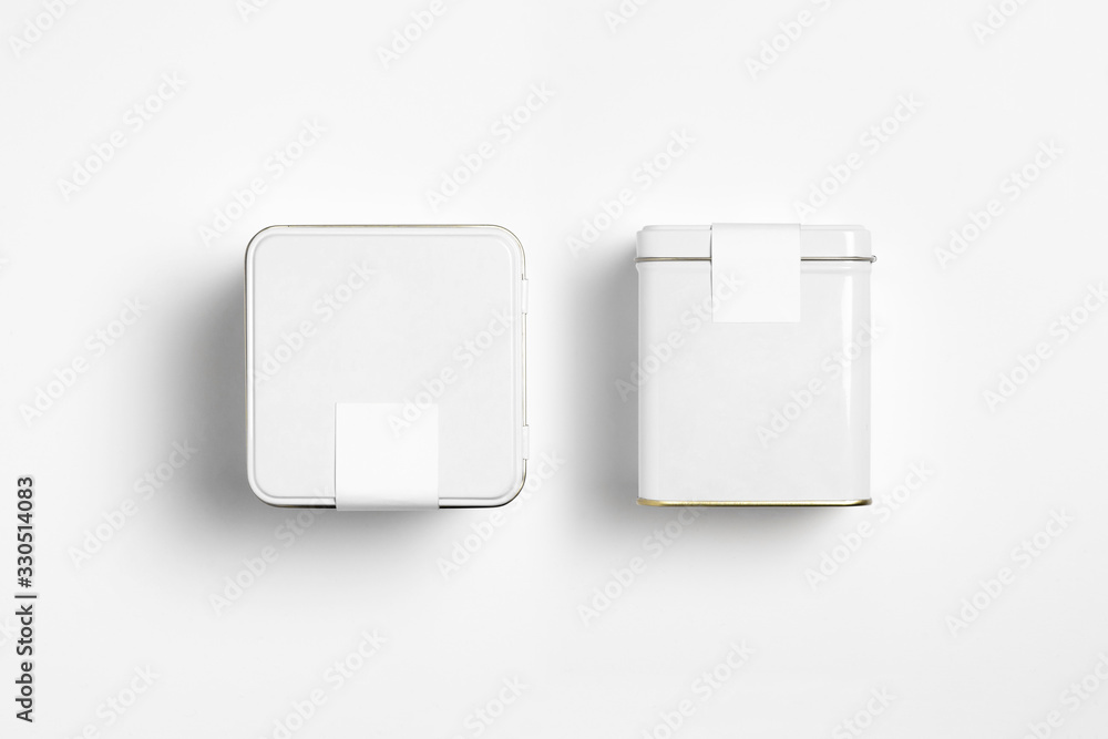White square Tin Packaging Mock up on white background. Tea, coffee ...
