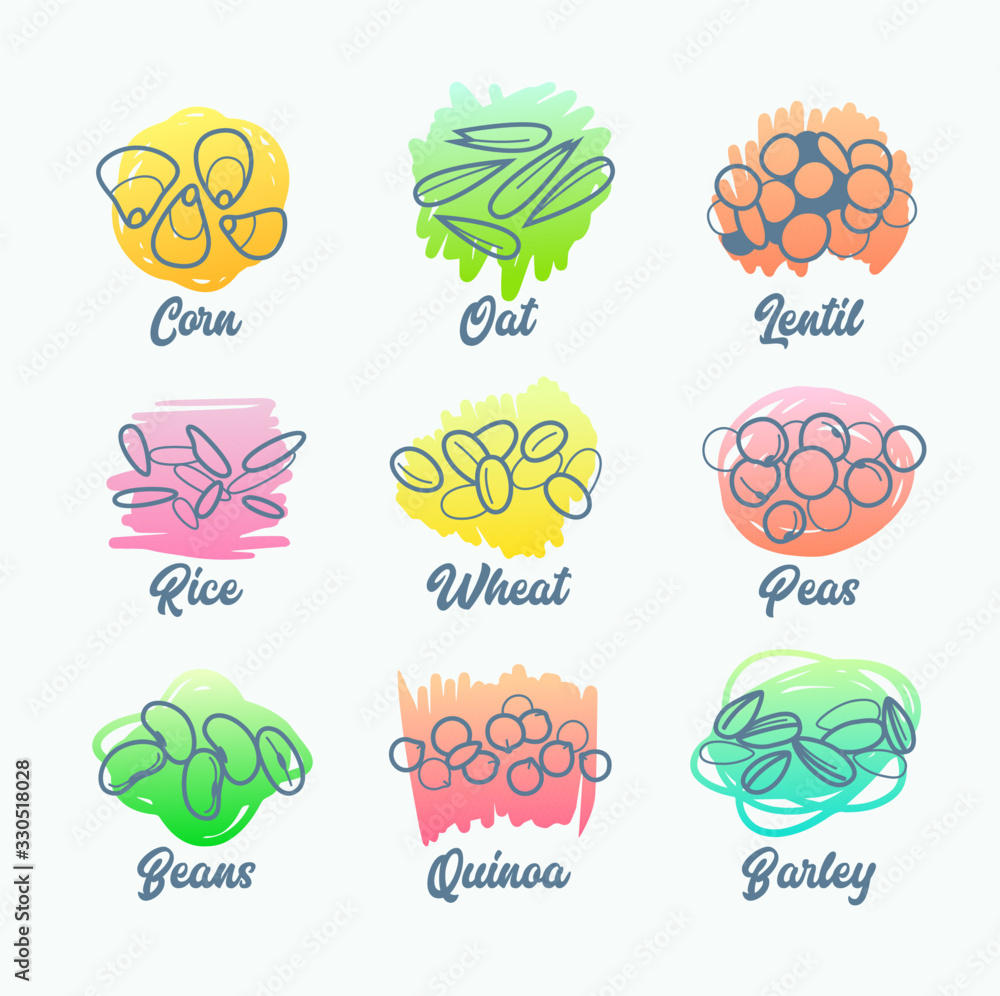 Set Cereal Types, Isolated Icons of Corn, Oat and Lentil, Rise Wheat ...