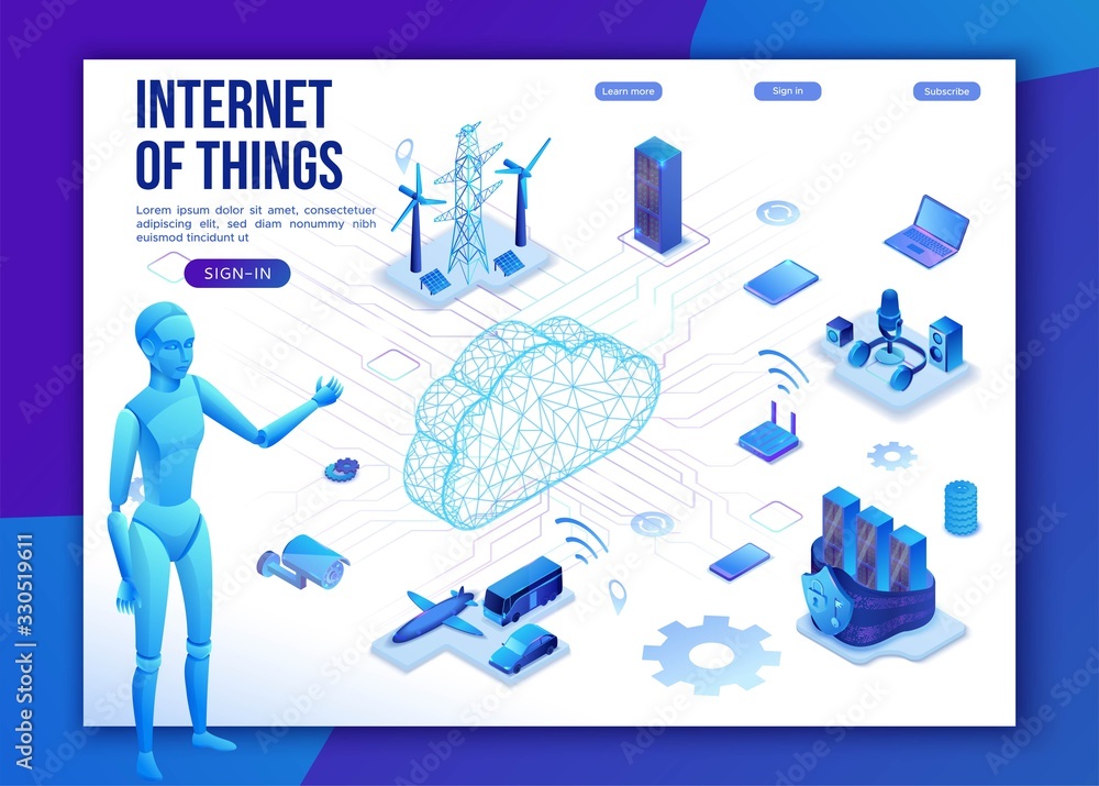 Internet of things cloud infographic, neon blue isometric 3d ...