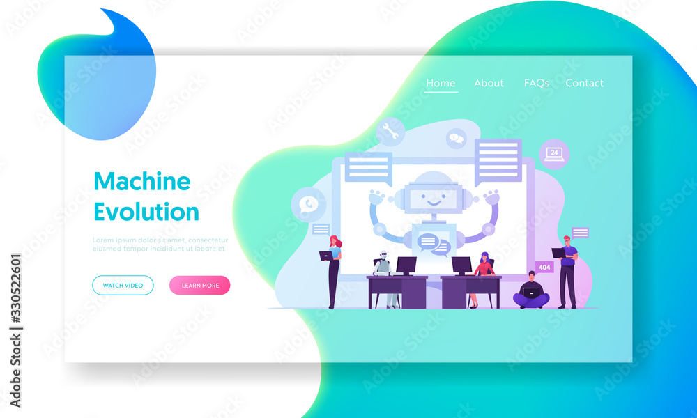 Robot Work on Laptop Help Customers Landing Page Template. Ai Chatbot ...