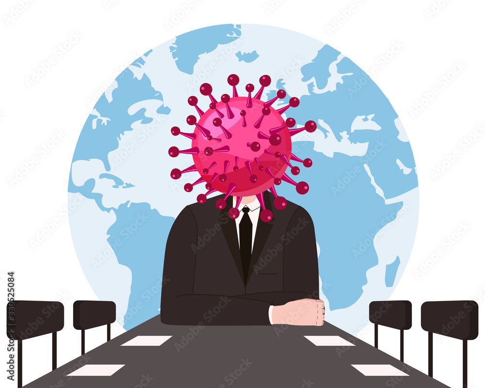Virus character, human body head virus, leads a meeting at the table ...