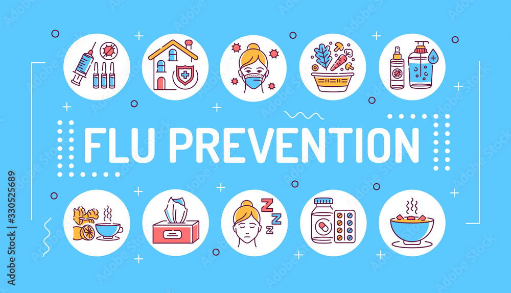 Flu prevention word lettering typography. Prevention of the disease and spread of the influenza ...