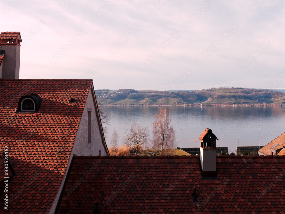 Beautiful view of the Lake Murten or Lake Morat in Switzerland at ...