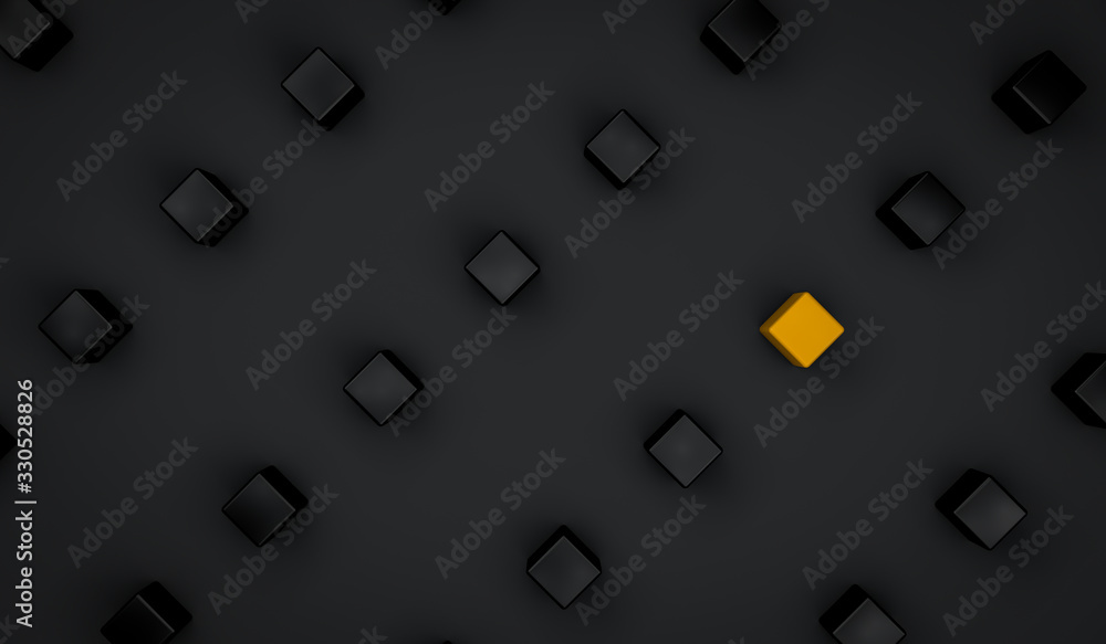 Futuristic background of black cubes suspended in air with one yellow cube in the middle Stock ...