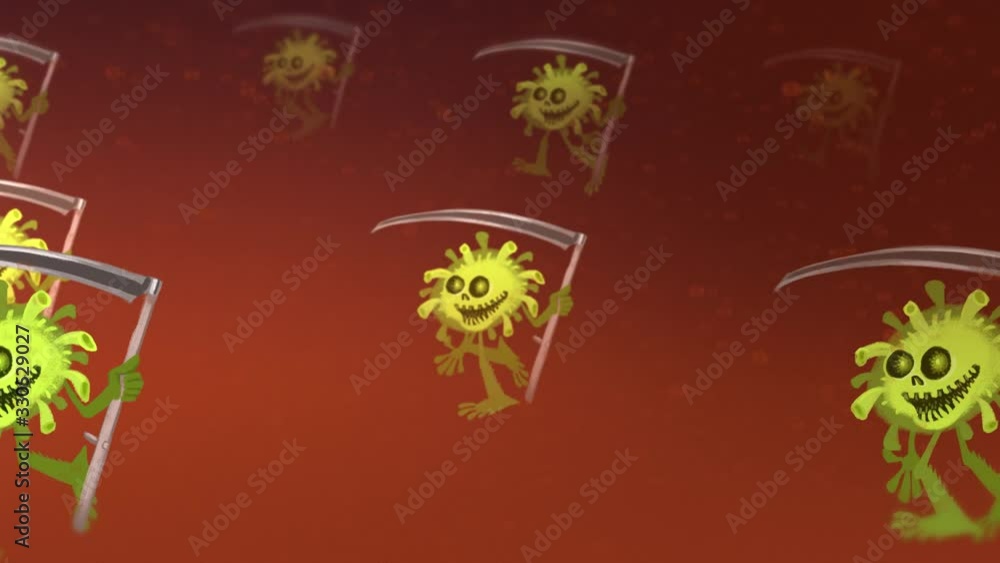 Walk cycle army of coronavirus covid - 19 with scythes. Marching green ...