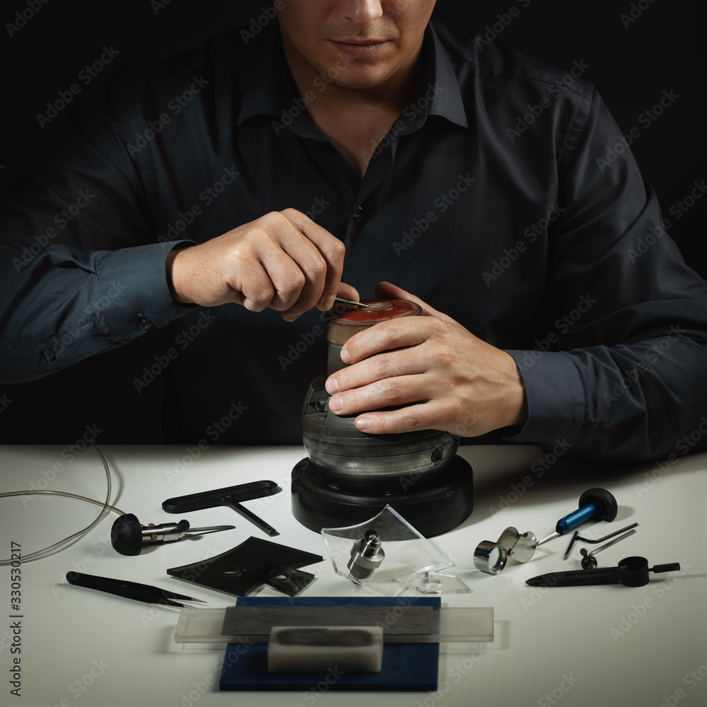 Jeweller Engraver At Work Front View Professional Tools On White Desk ...
