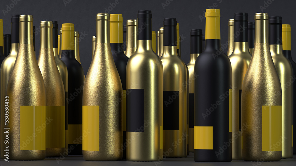 3d render of an array of gold and black wine bottles with a label on a ...