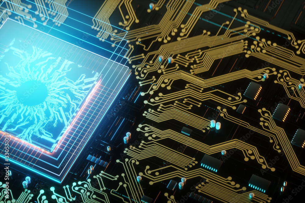 3D render CPU Technological background. Concept circuit board with ...