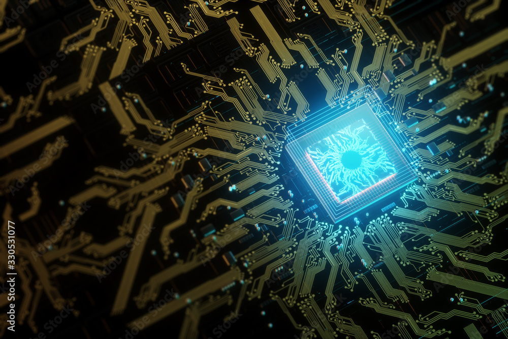 3D render CPU Technological background. Concept circuit board with ...