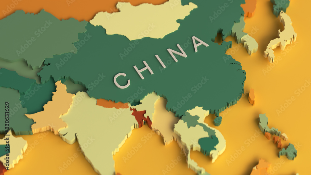 3d render of a colorful world map with a white country name of China in ...