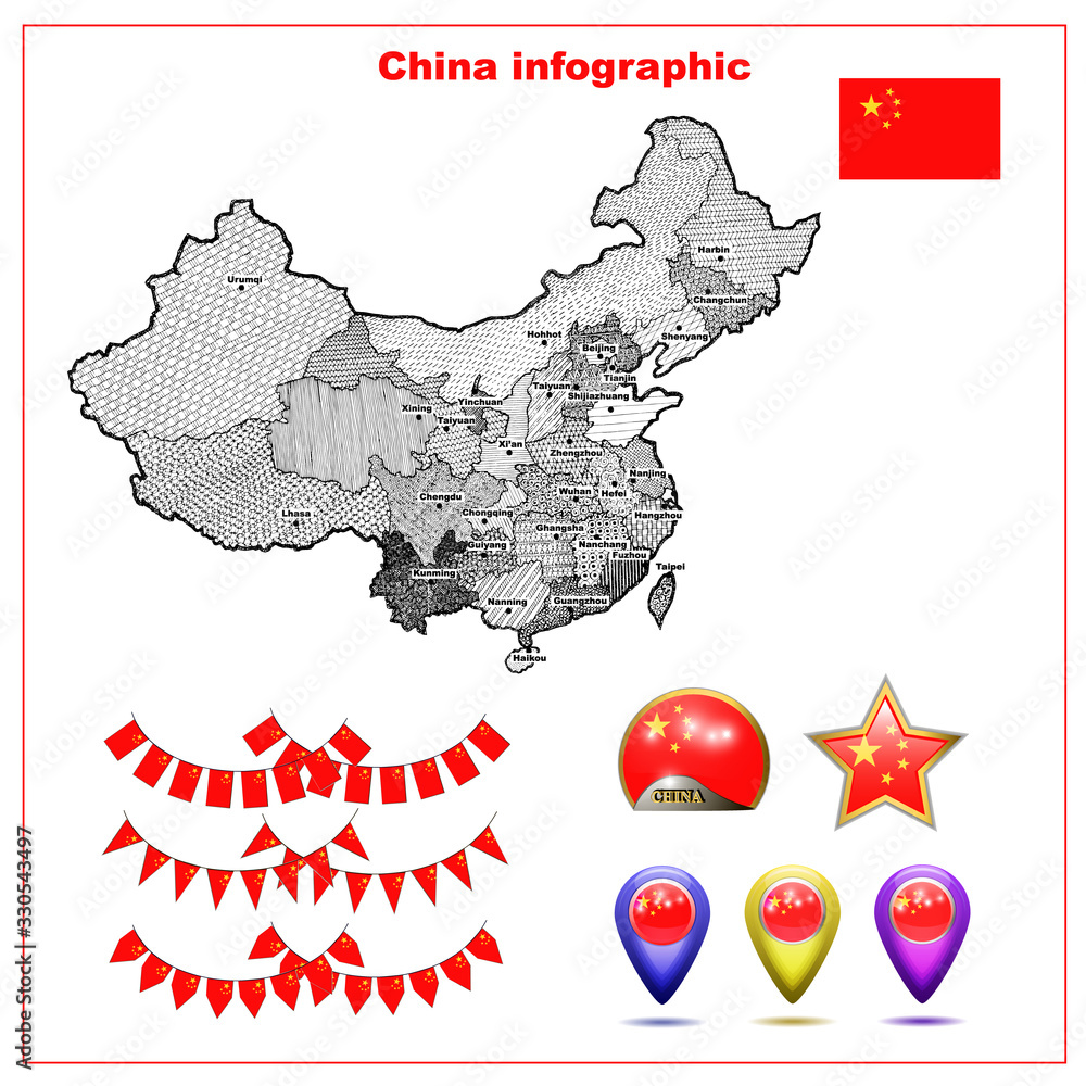 Bright Map of China. map of China graphic illustration on white ...