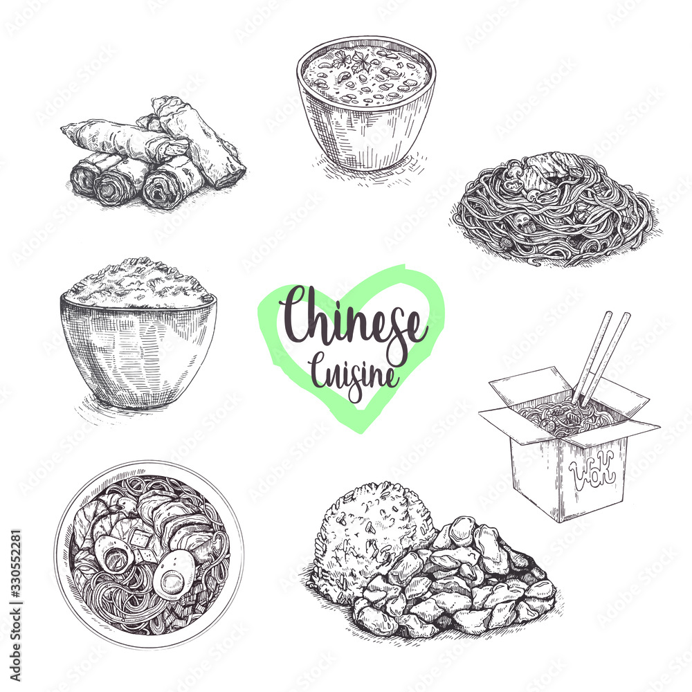 Chinese food, vector sketch illustration. Set of isolated hand drawn ...