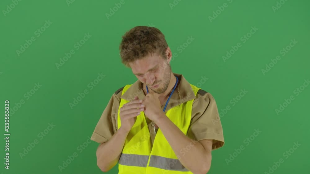 Proud Adult Man Police Officer Rubbing And Kissing His Knuckles Showing ...