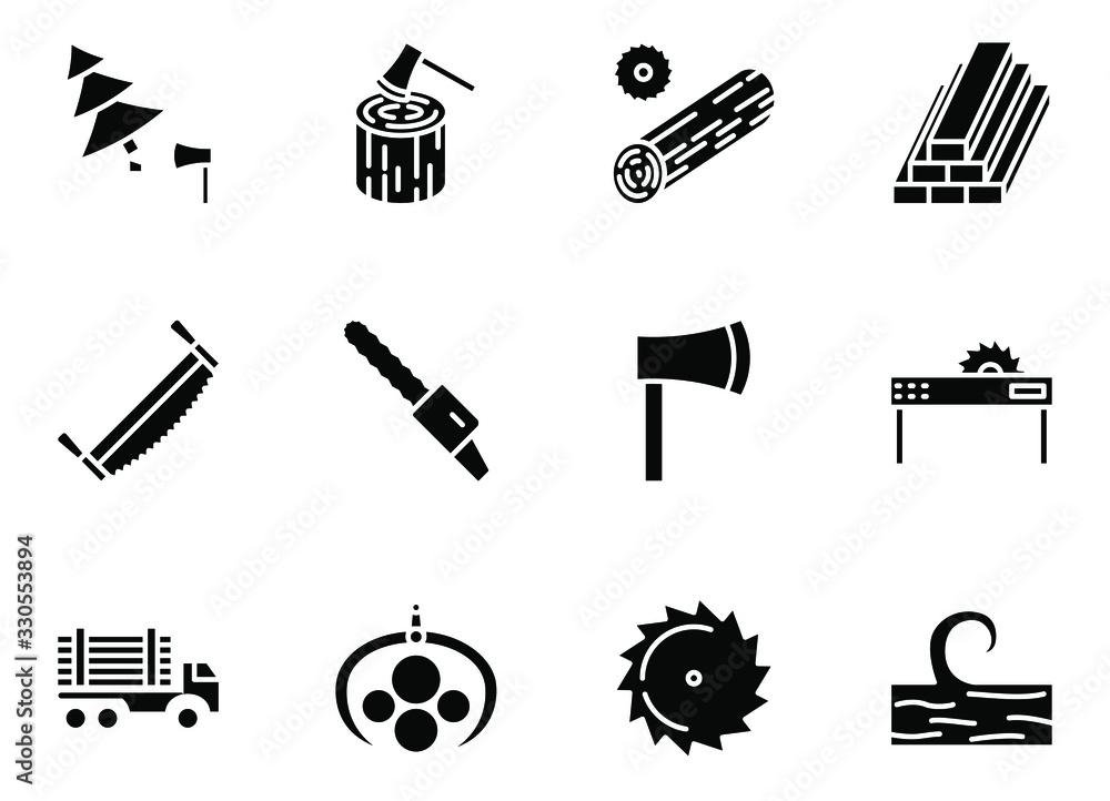 Logging line icon set isolated over white, forestry equipment, logging ...