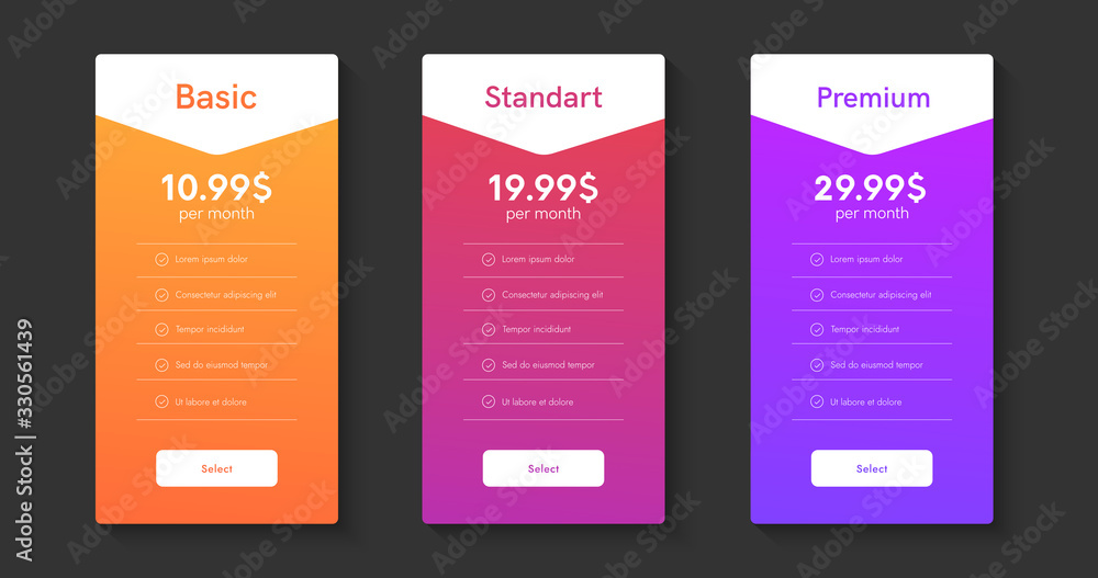 Hosting plans colums. Price list web boxes. 3 tarrifs ui tables for ...