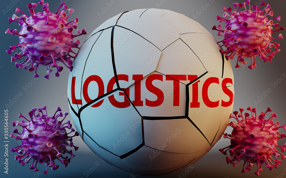 Coronavirus and logistics, symbolized by viruses destroying word ...