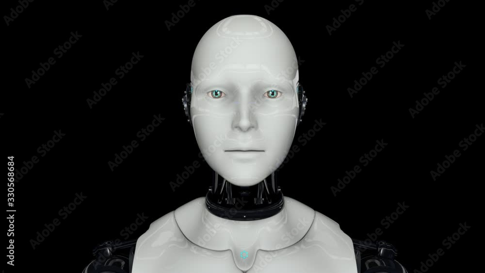 Futuristic humanoid robot turns on and raises its head. The camera ...