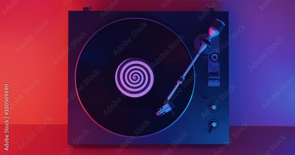 Music DJ turntable rotating black vinyl spiral label center record ...