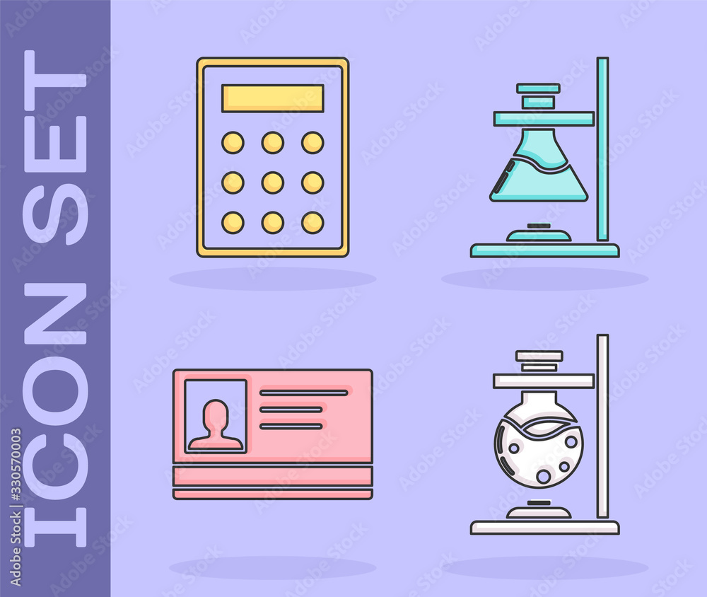 Set Glass test tube flask on fire, Calculator, Identification badge and ...