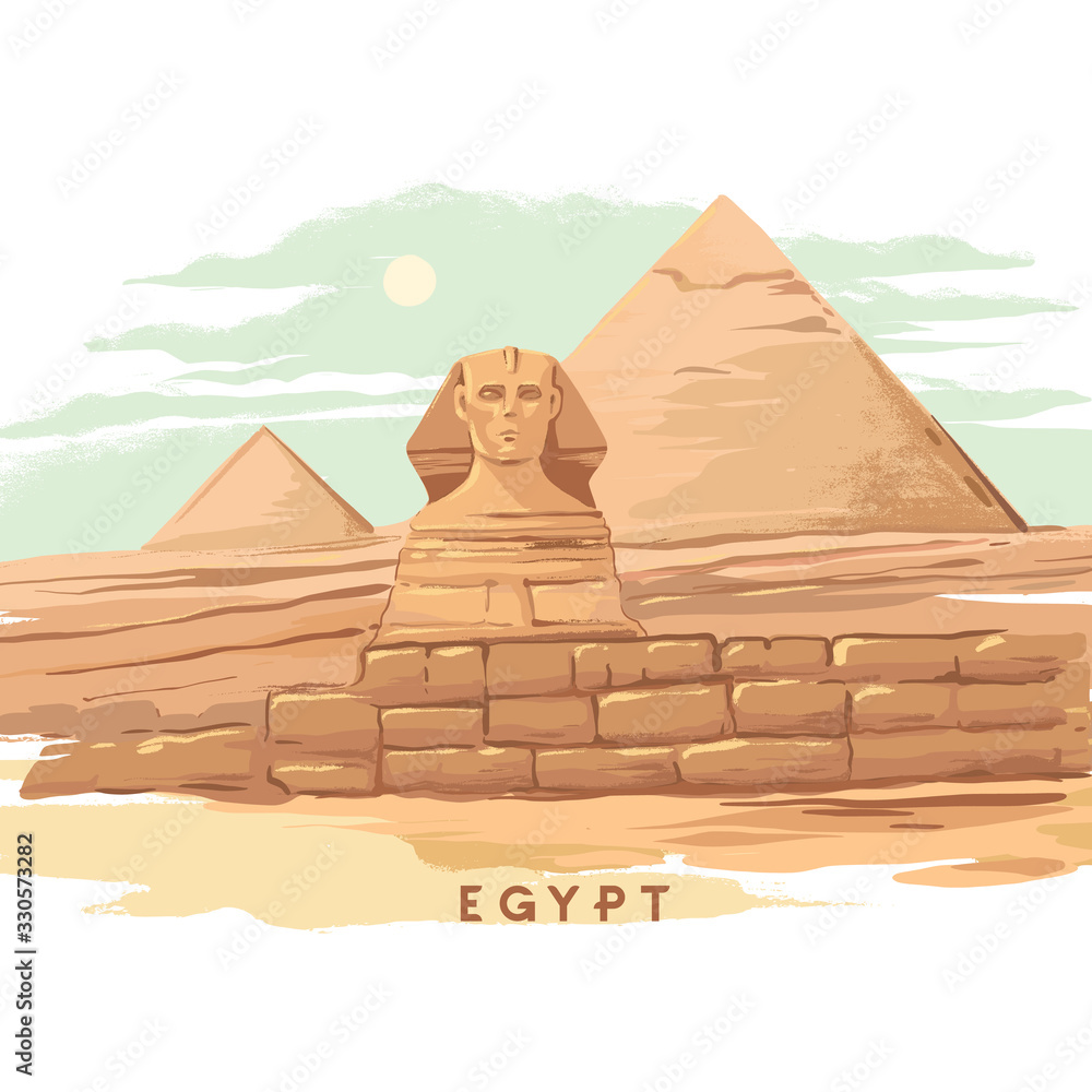Colorful hand-drawn vector illustrations of the pyramid of Giza, Sphinx ...