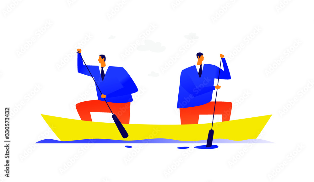 Illustration of two businessmen in a boat. Vector. One team in the face ...