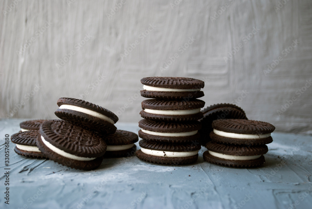 Tower of cookies. Chocolate chip cookies vanilla cream sandwich. Gluten ...